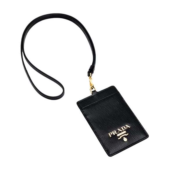 Prada | Bags | Prada Vitello Move Black Leather Logo Plaque Lanyard Cardholder | Poshmark